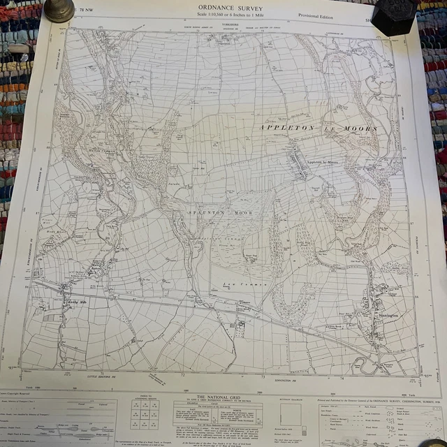 VINTAGE BLACK WHITE Ordnance Survey Map Chart 1958 Appleton Le Moors ...