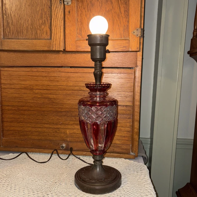 VTG BOHEMIAN CUT Clear Glass And Ruby Red Lamp W/Brass Base 19 3/4 ...