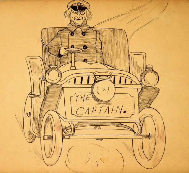 ANTIQUE VICTORIAN 1900 Original Ink Sketch Drawing Early Motor Car ...