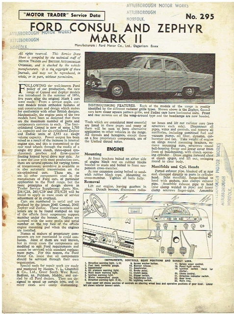 FORD CONSUL MK2 ZEPHYR Mk2 1956-58 MOTOR TRADER TECHNICAL DATA/SERVICE ...