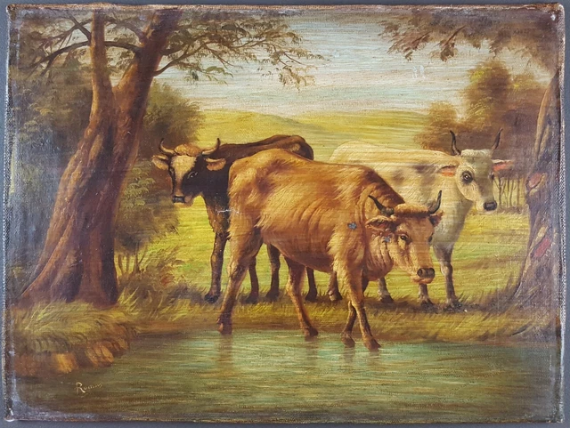 ANCIEN TABLEAU &VACHES s'abreuvant" Peinture Huile Antique Oil Painting Old Cows EUR 160,00 ...