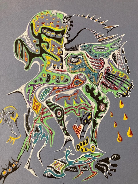 TRÈS BELLE PEINTURE Gouache Papier Art Brut Pascal Manitoba Surréaliste ...