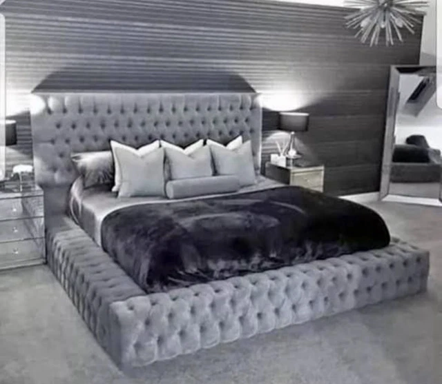 KING VELVET UPHOLSTERED Tufted Bed Frame Tall Headboard Grey £190.83 ...