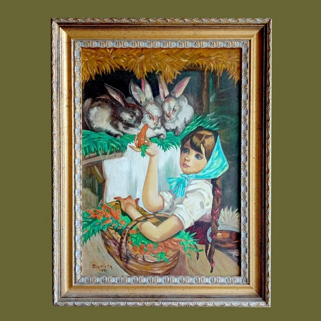 PEINTURE ORIGINALE HST Signée Encadré Theme Alice Aux Lapins EUR 220,00 ...