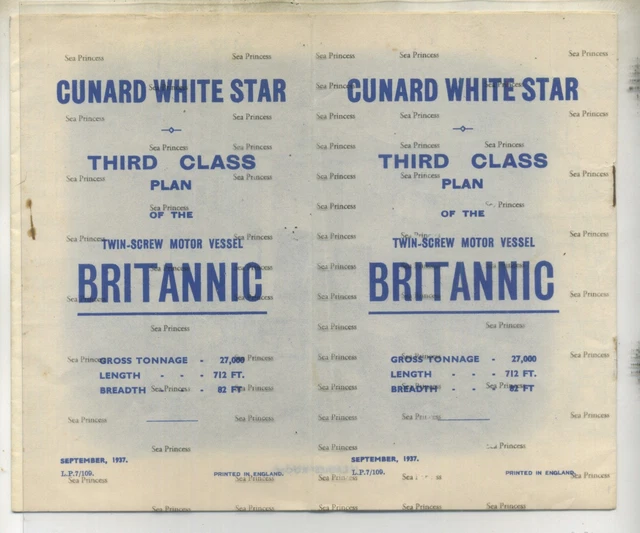 CUNARD WHITE STAR Line RMS Britannic deck plan sep 1937 £45.00 ...