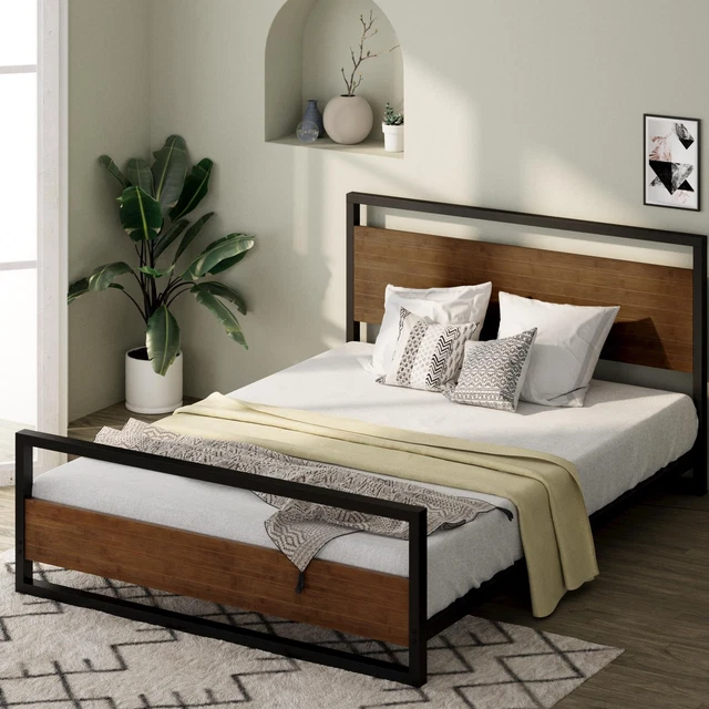 ZINUS SUZANNE METAL Bed Frame with Wooden Headboard & Footboard ...