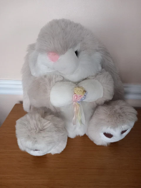 VINTAGE 14& BIG Furry Cute Soft Easter Rabbit Toy Holding Cute Posy OF ...