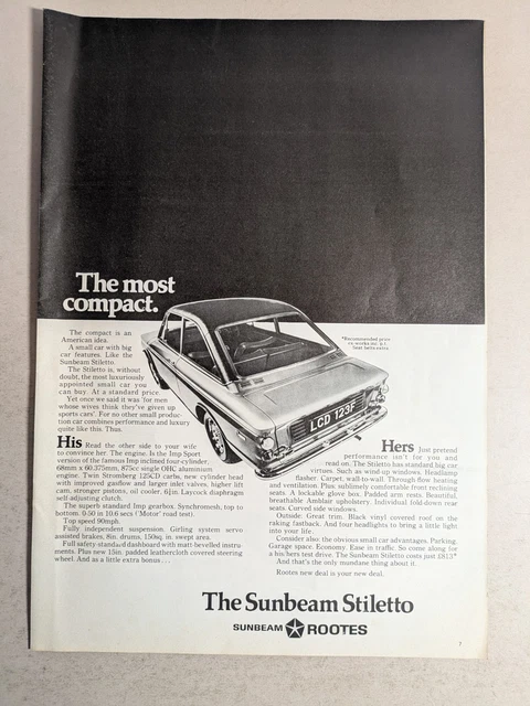 SUNBEAM STILETTO CAR Original 1968 Paper Magazine Advert £4.75 ...