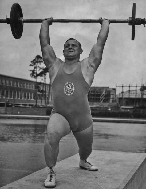 GERMAN OLYMPIC CHAMPION weightlifter Josef Manger lifting weights Old ...
