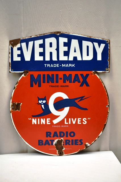 VINTAGE EVEREADY CAT Sign Porcelain Enamel Minimax Nine Lives Radio ...