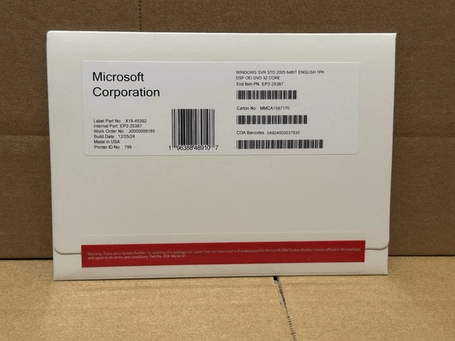 MICROSOFT WINDOWS SERVER 2025 Standard 32Cores 64Bit DVD-Product Key £ ...