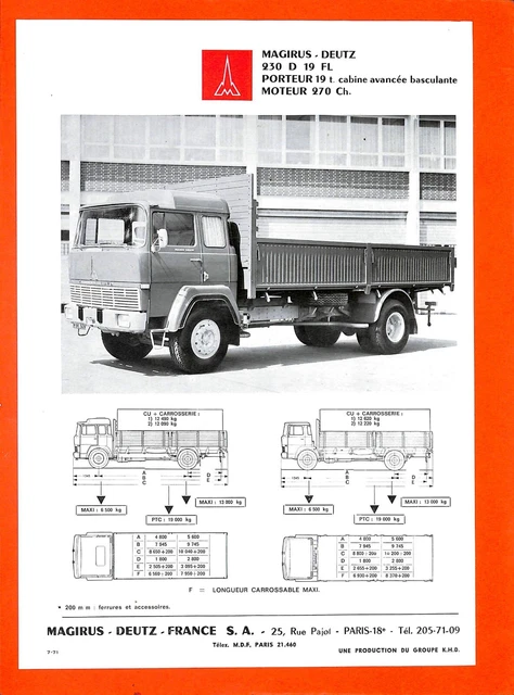 MAGIRUS-DEUTZ / FICHE TECHNIQUE / PORTEUR 230 D 19 FL de 1971 EUR 7,90 ...