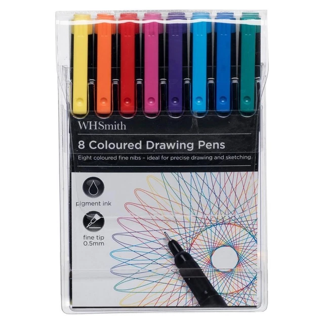 WHSMITH DRAWING PENS Assorted Pigment Ink With 0.5mm Fine Tip Pack Of 8 ...