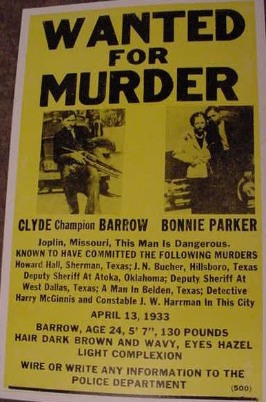 VINTAGE BONNIE AND & CLYDE WANTED MURDER POSTER art mob Joplin Missouri ...
