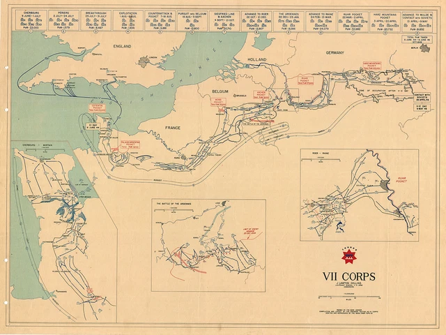 VII CORPS US Army Military War Map D-Day - VE Day Battle of the Bulge ...