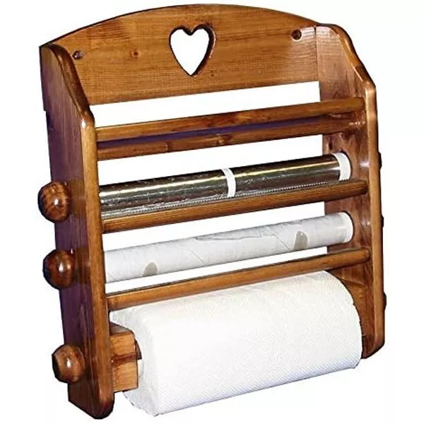 PORTA ROTOLI CUCINA Da Parete Legno Scuro 3 Posti Intaglio Cuore ...