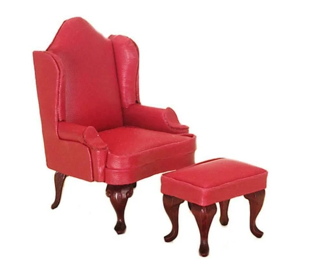 MAISON DE POUPÉES Rouge Cuir Aile Arrière Fauteuil & Repose-Pieds Meuble Salon EUR 45,06 ...