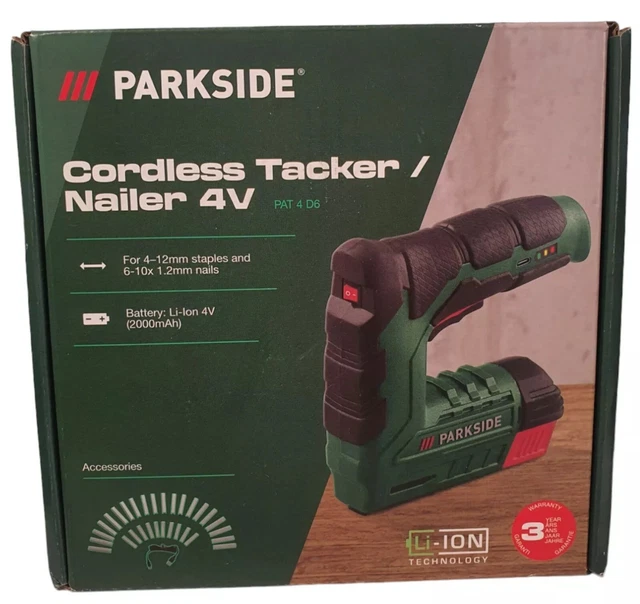 PARKSIDE CORDLESS NAILER Stapler Nail Gun Tacker 4V Li-Ion PAT 4 D6 £23 ...