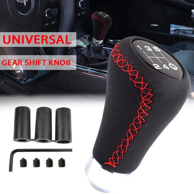 5 SPEED BLACK/RED Line Leather Aluminum Manual Car Gear Shift Knob ...