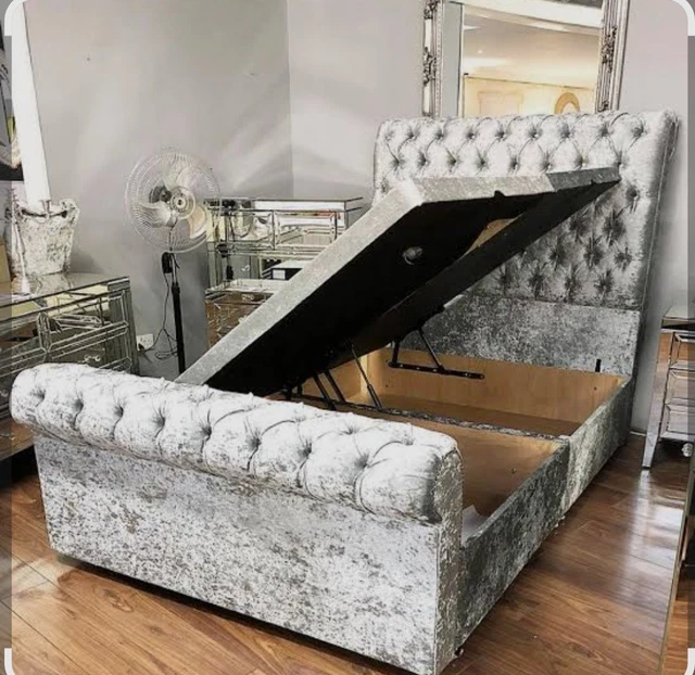 SLEIGH BED FRAME Plush Velvet Gas Lift Chesterfield Double & King Size ...