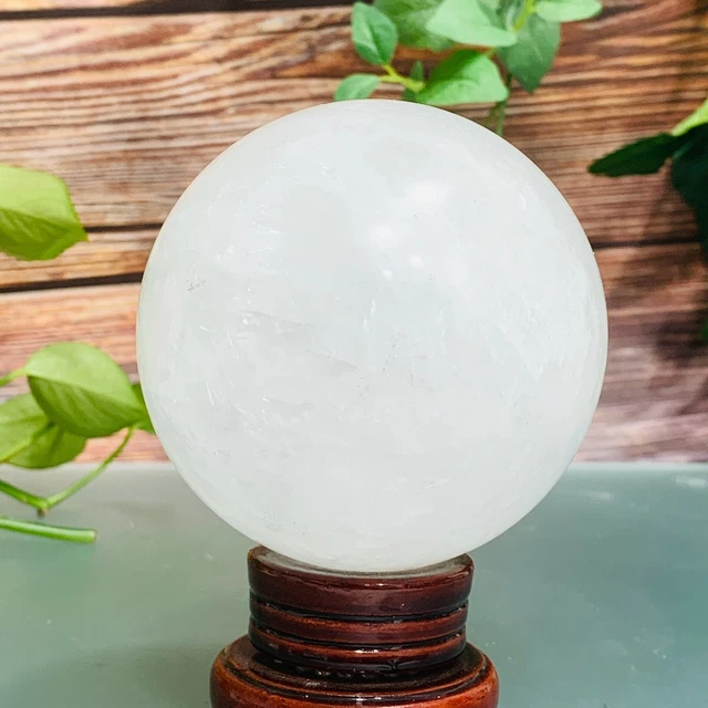 968G NATURAL CLEAR Iceland Spar White Quartz Sphere Crystal Ball Energy ...