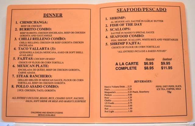 1980S MARIO'S MEXICAN Food Cantina Restaurant Menu Gilbert Mesa ...