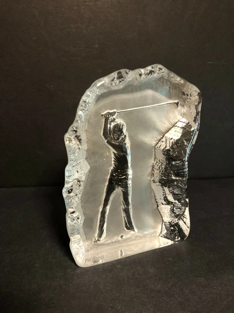 VINTAGE NYBRO SWEDEN Crystal Art Glass Block Sculpture Golfer ...