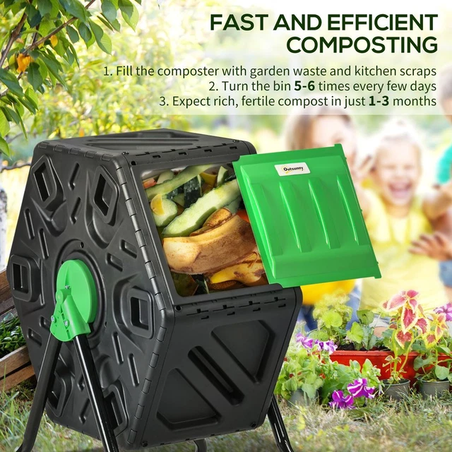 OUTSUNNY 65L GARDEN Compost Bin, Barrel Rotating Composter with Steel ...