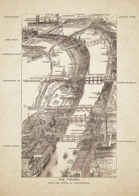 OLD LONDON MAP - Birds eye view of the Thames, From The Tower 1885 - 18 ...