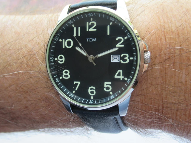 TCM MILITARY EASY Read Dial With Date 40mm Case St. Steel Black Leather ...