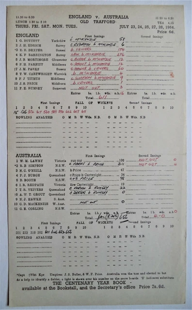 ENGLAND V AUSTRALIA 1964 4TH TEST, OLD TRAFFORD, BOBBY SIMPSON 311 ...