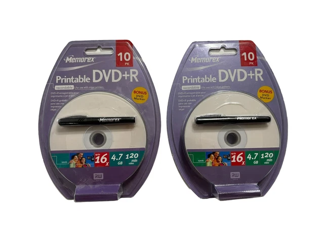 LOT OF 2 10 Pack Memorex Printable DVD+R + Marker 16x 4.7GB 120min ...