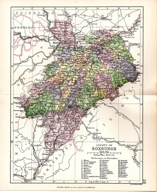 1890 MAP ~ Counties Of Scotland ~ Roxburgh ~ Showing Parishes Melrose ...