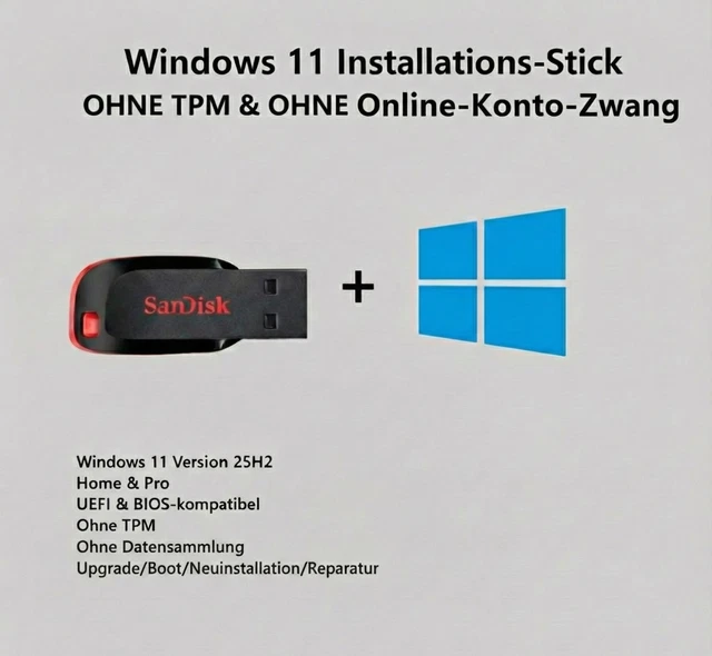 WINDOWS 11 25H2 Boot-Stick - OHNE TPM & OHNE Online-Zwang - SanDisk USB ...