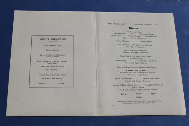 CUNARD WHITE STAR Line Queen Mary Menu Rare Pre War Tourist Menu Fine ...