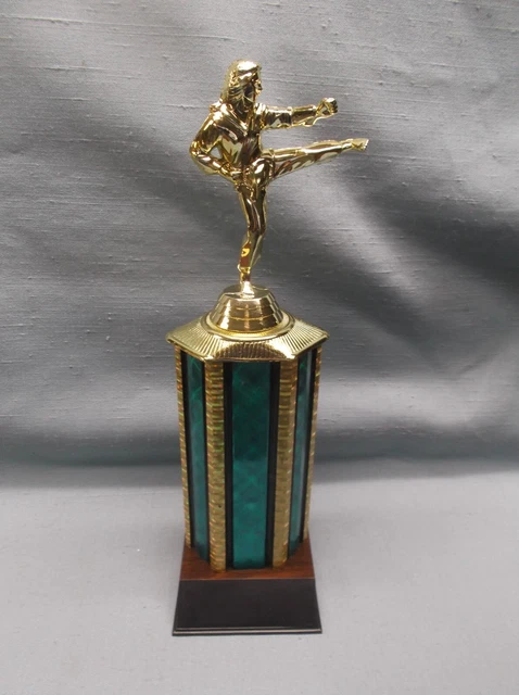 FEMALE KARATE TROPHY teal column weighted base award $4.29 - PicClick