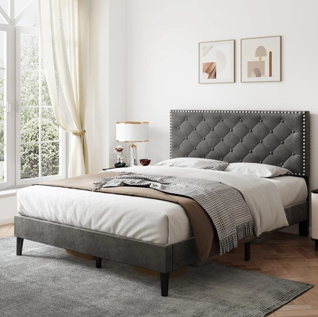 4FT6 DOUBLE BED Frame Upholstered Platform Bed Adjustable Headboard ...