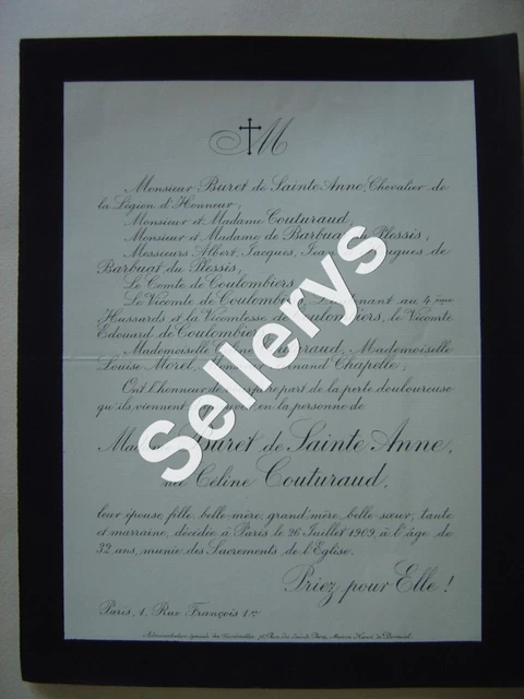 FAIRE-PART DE DÉCÈS de Madame BURET de Sainte-Anne Née Céline Couturaud EUR 24,90 - PicClick FR