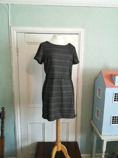 PRIMARK ATMOSPHERE BLACK cream diamond short sleeve dress size 12 bnwt ...