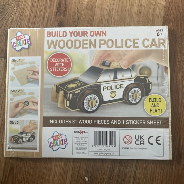 BUILD YOUR OWN Wooden police car Art Craft Stickers Play Toy policeman ...
