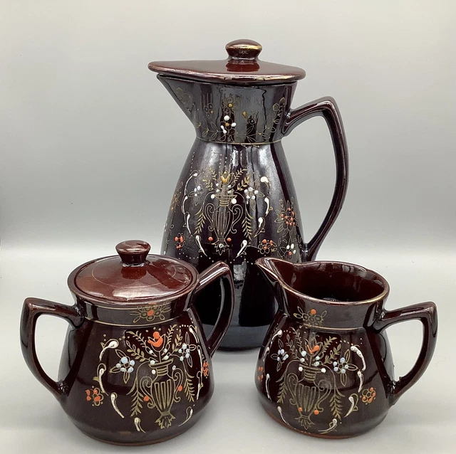 VINTAGE REDWARE POTTERY Moriage Pattern Pitcher-Creamer-Sugar 5 Pc. Set ...