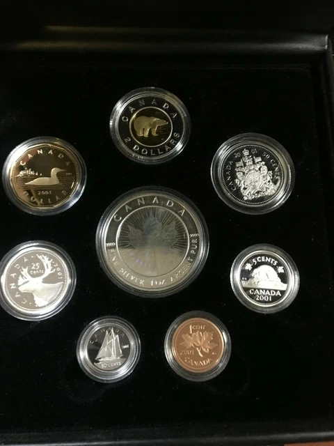 2001 COMPLETE 8 Coin Set Inc.$5 Hologram Silver Maple Leaf Coin, Good ...