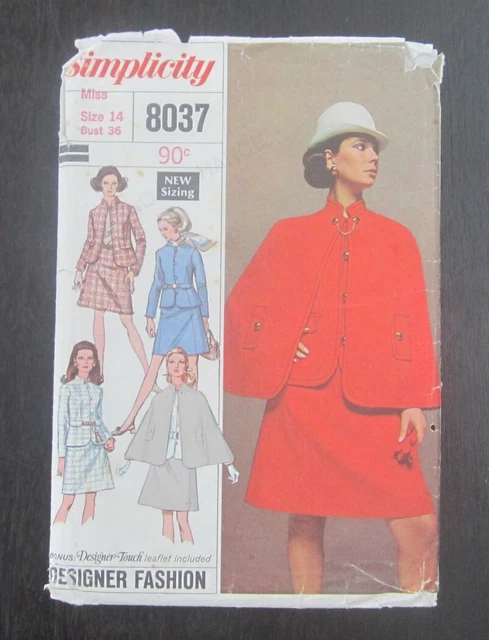 VINTAGE 1969 Simplicity sewing pattern, 8037, Suit and Cape, Size 14 $7 ...