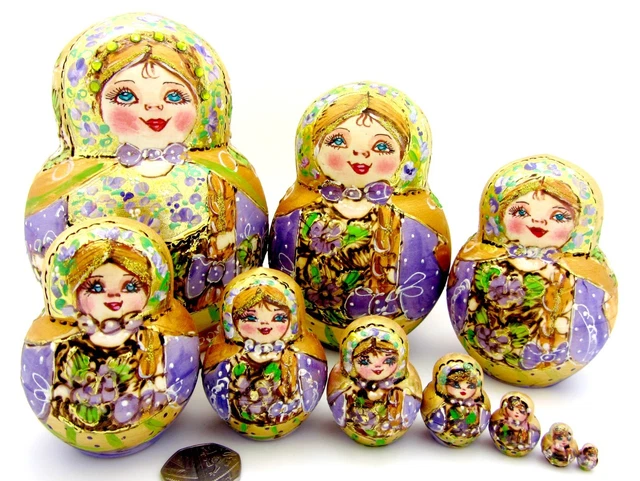 MATRYOSHKA NESTING RUSSIAN dolls Pyrography BIG GOLD LILAC 10 MAMAYEVA ...
