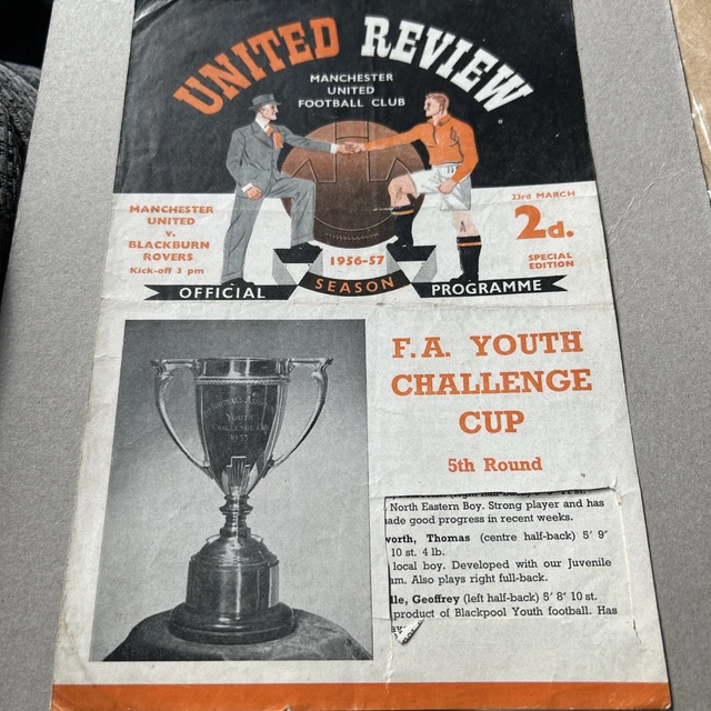 MANCHESTER UNITED V Blackburn Rovers FA Youth Cup 1956/57 Football ...