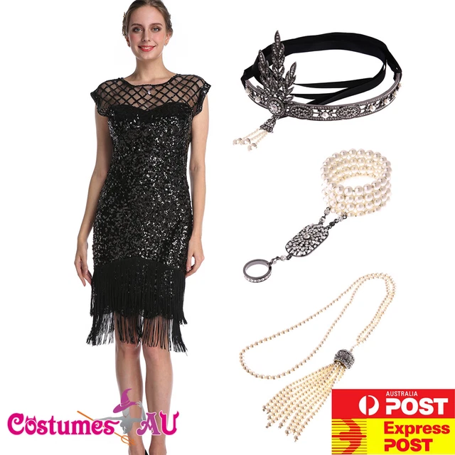 Deluxe Ladies 20s 1920s Roaring Flapper Costume Sequin Gatsby Black