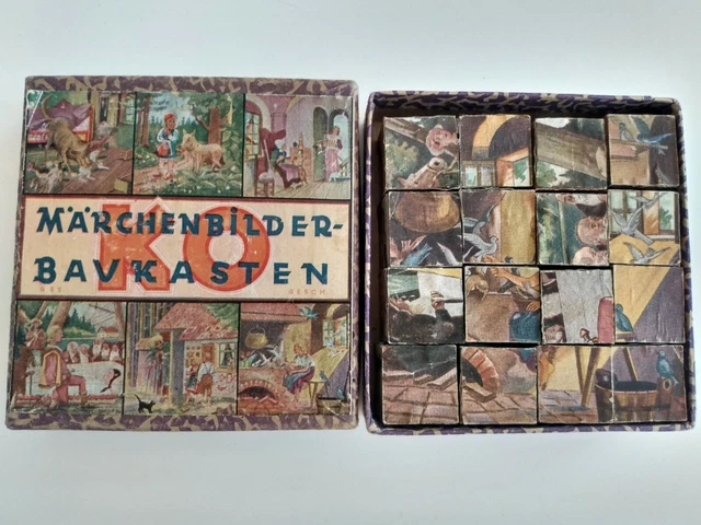 MÄRCHENBILDER BAUKASTEN KO Holz 30er Jahre Würfelpuzzle Holzbaukasten ...