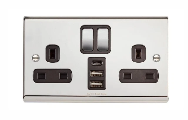 DETA SD1288CHB SLIMLINE Twin 13 Amp Switch Socket c/w 3 x USB Polished ...