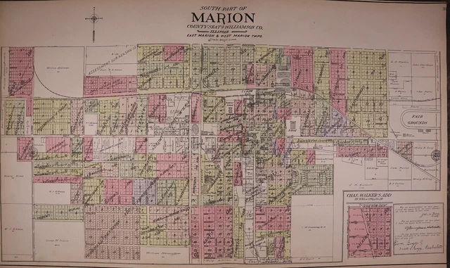 1908 PLAT MAP ~ SOUTH PART of MARION, WILLIAMSON Co, ILLINOIS (XL17x29 ...