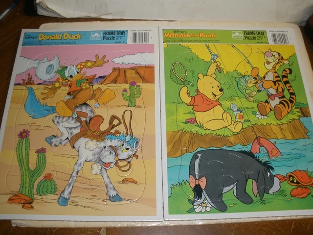 ENSEMBLE PUZZLE PLATEAU vintage cadre doré de 2 rodéo Disney's Donald ...